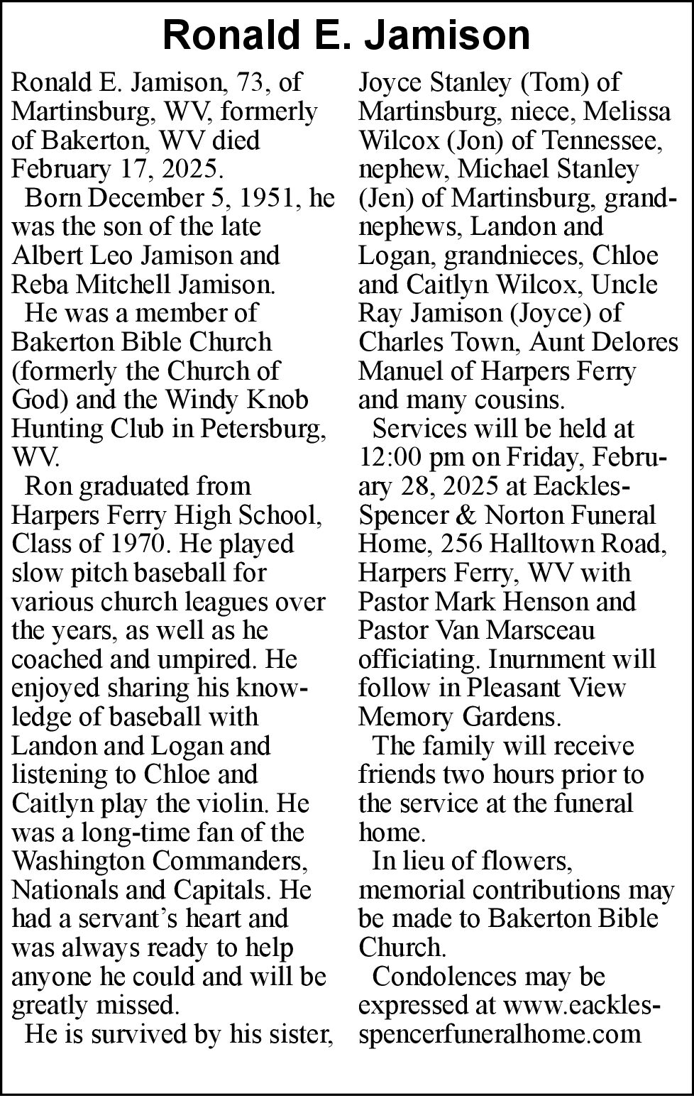 Ronald E. Jamison | Obituaries | journal-news.net