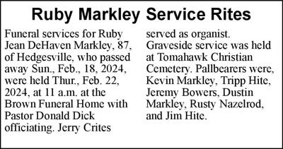 Ruby Markley Service Rites | Obituaries | journal-news.net
