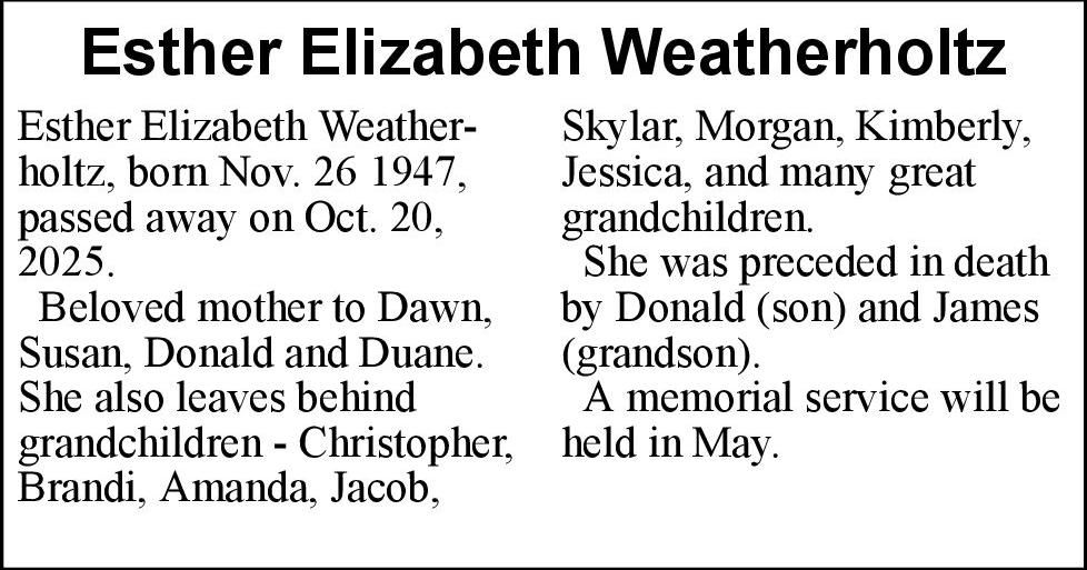 Esther Elizabeth Weatherholtz | Obituaries | journal-news.net