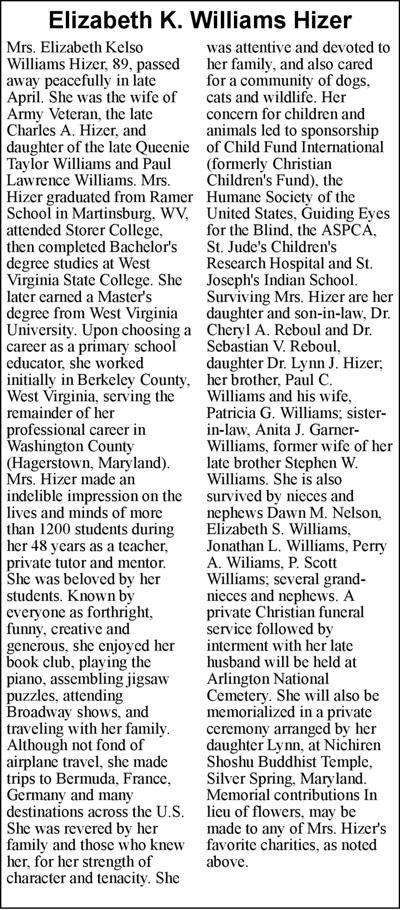 Elizabeth K. Williams Hizer | Obituaries | journal-news.net