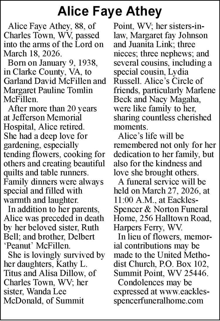 Alice Faye Athey | Obituaries | journal-news.net