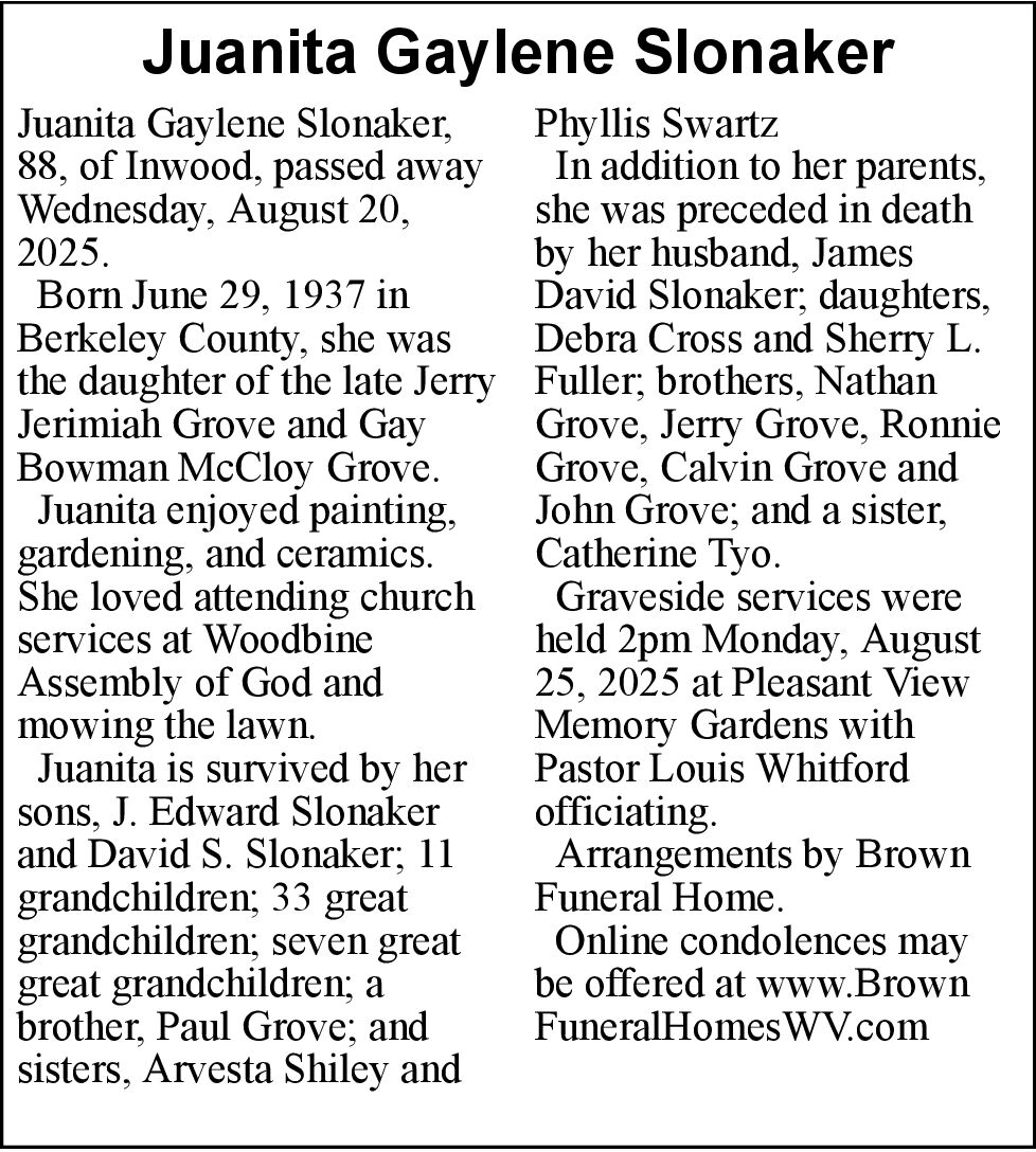 Juanita Gaylene Slonaker | Obituaries | journal-news.net