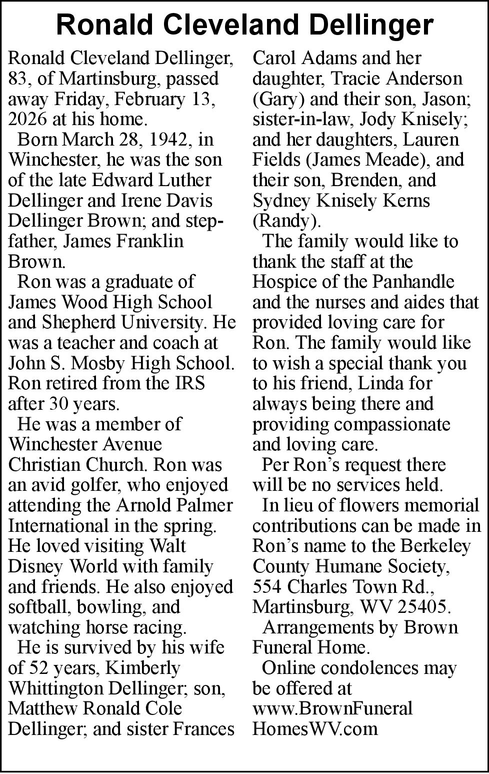 Ronald Cleveland Dellinger | Obituaries | journal-news.net