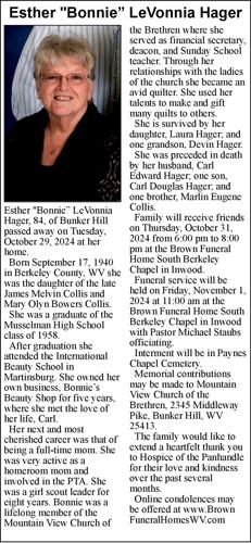 Esther "Bonnie” LeVonnia Hager | Obituaries | journal-news.net
