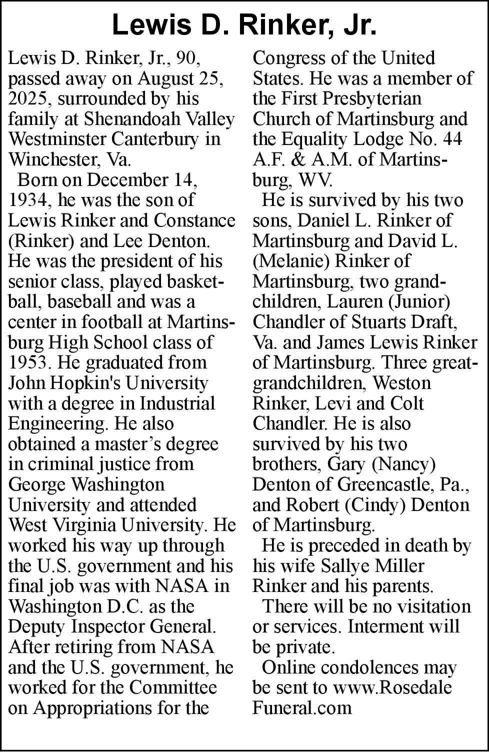 Lewis D. Rinker, Jr. | Obituaries | journal-news.net