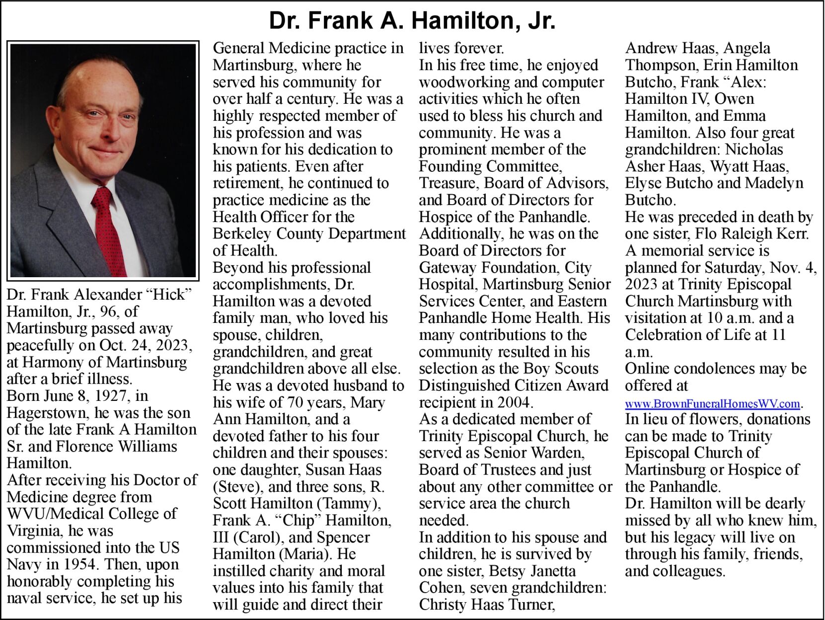 Dr. Frank A. Hamilton, Jr. | Obituaries | journal-news.net