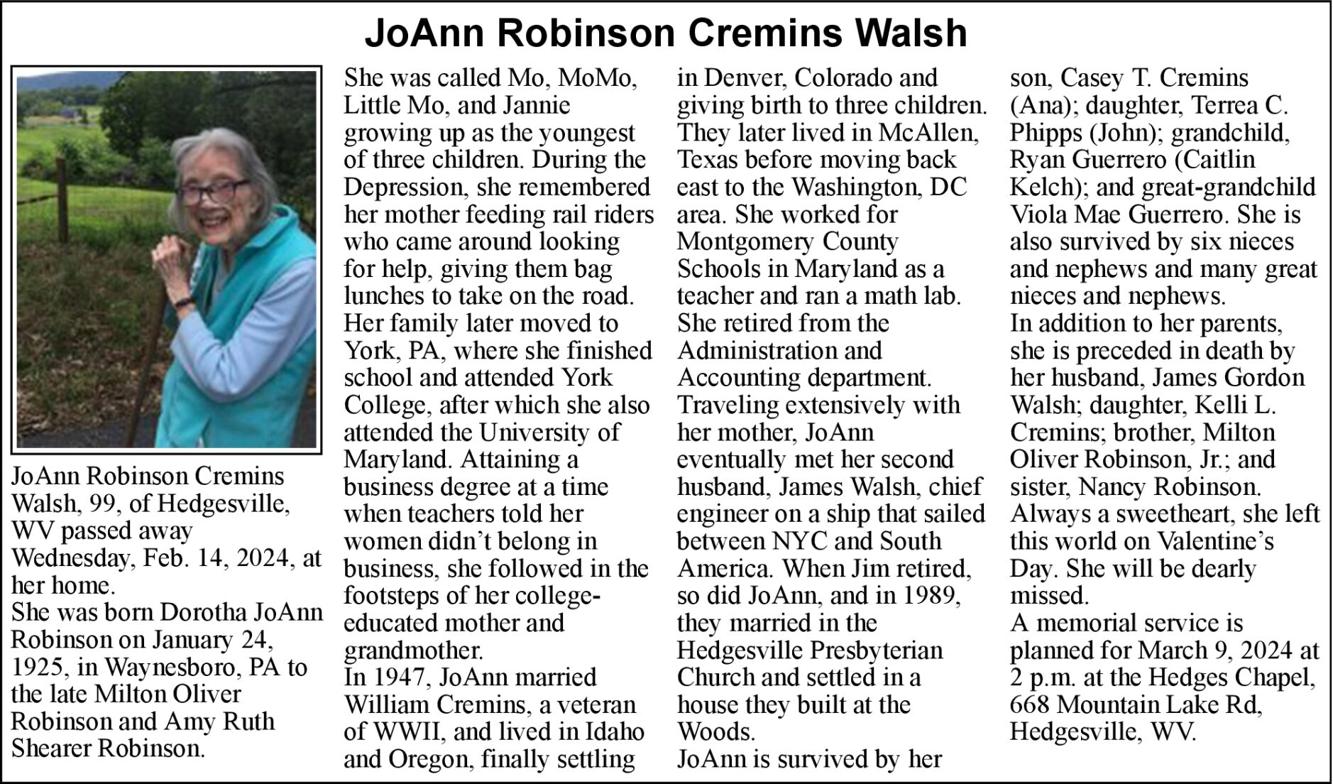 JoAnn Robinson Cremins Walsh | Obituaries | journal-news.net