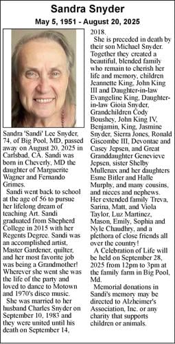 Sandra Snyder May 5, 1951 - August 20, 2025 | Obituaries | journal-news.net