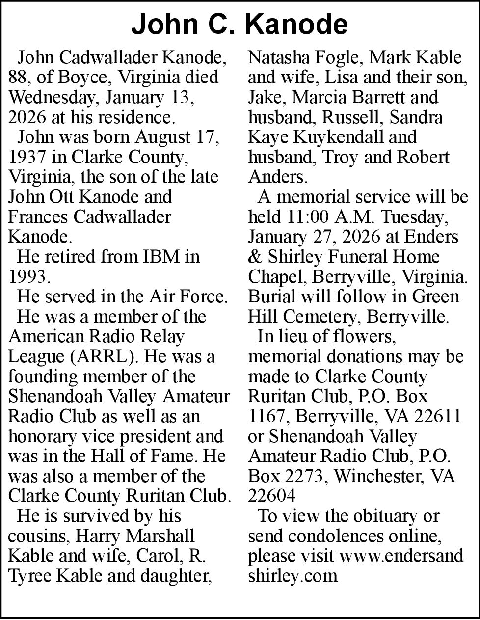John C. Kanode | Obituaries | journal-news.net