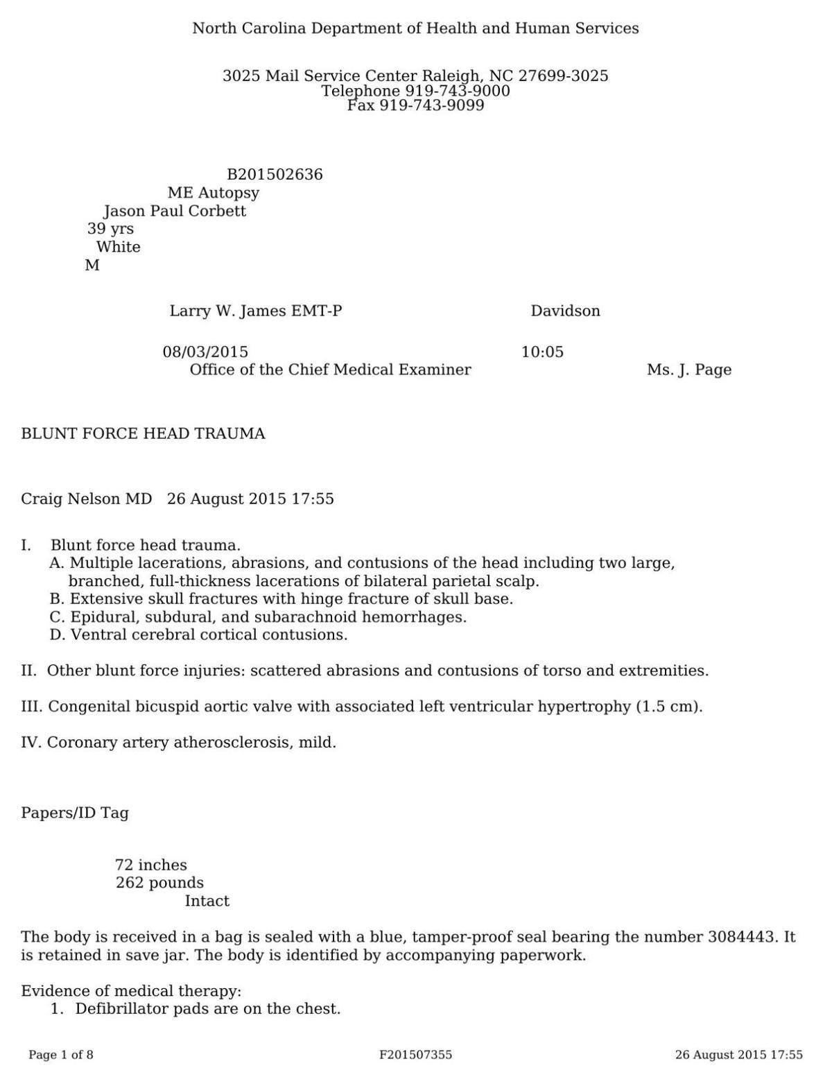 Jason Corbett's autopsy report