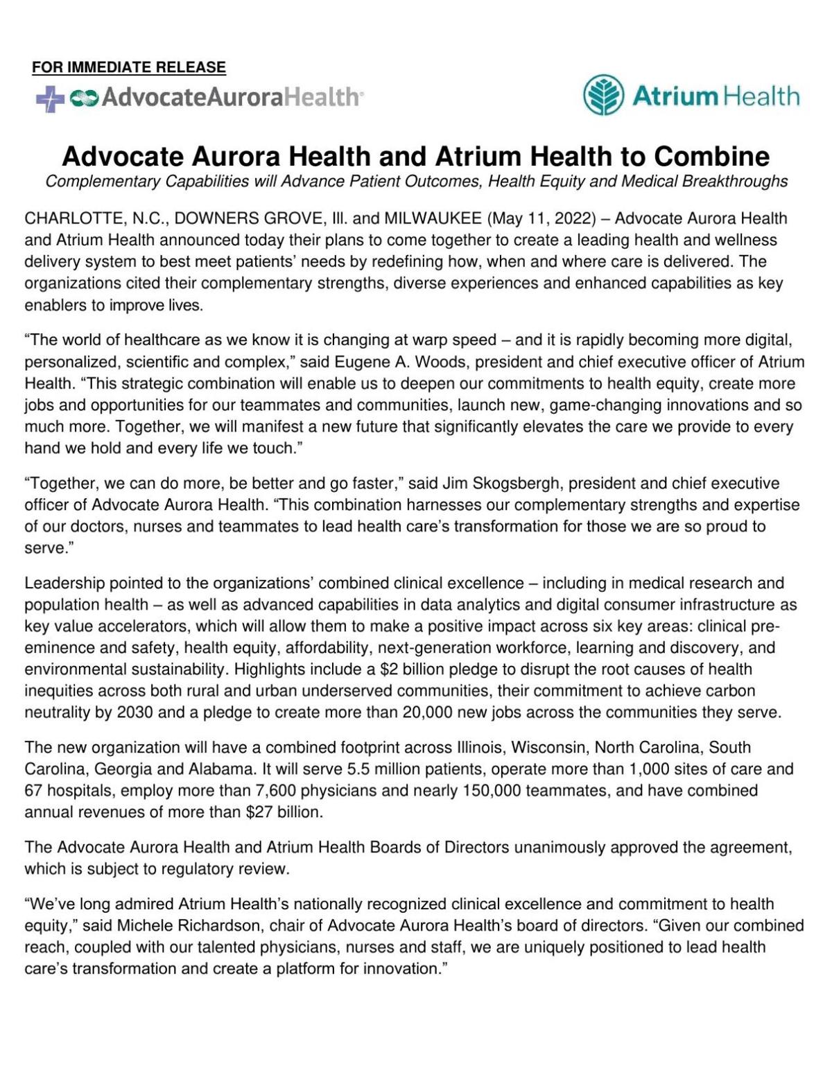 Atrium to merge with Midwest health-care system Advocate Aurora