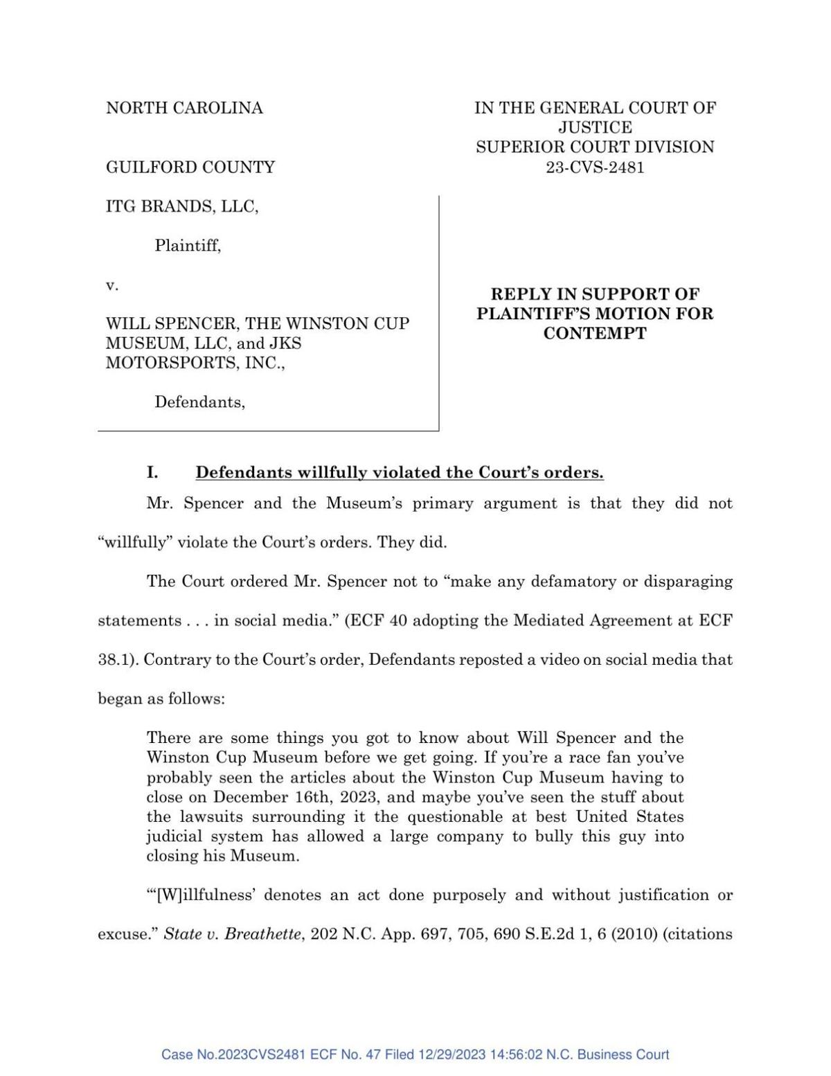 ITG Brands doubles down on contempt motion to museum owner