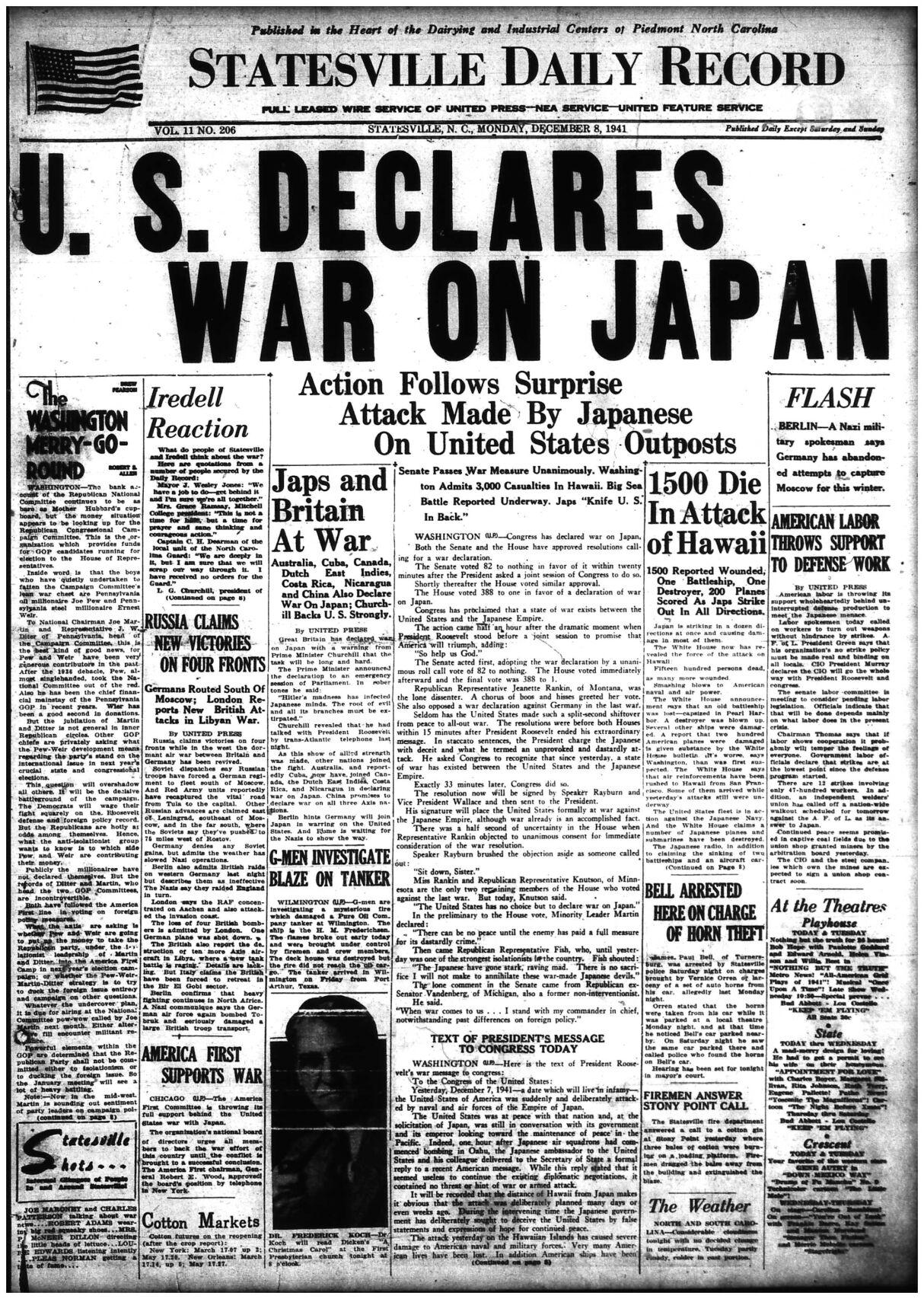 Lookback: Historic front pages document Pearl Harbor attack on Dec. 7, 1941