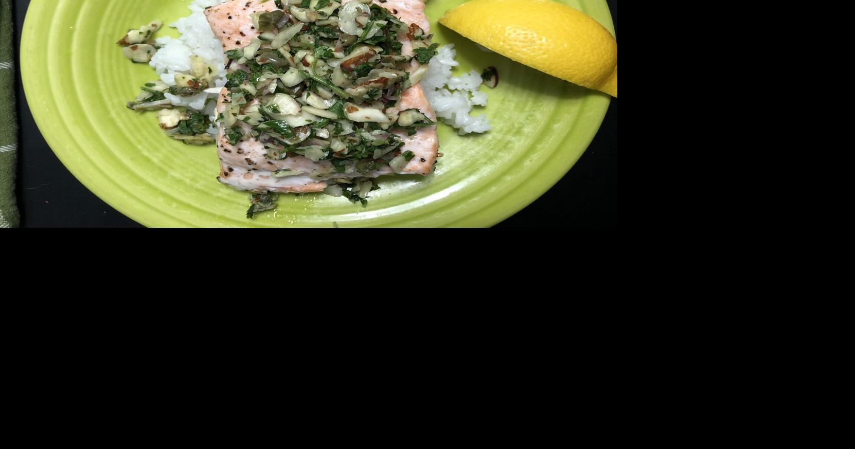 Almond salsa verde makes a refreshing topping for roast salmon