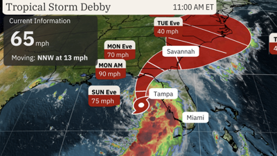 Tropical Storm Debby expected to strengthen rapidly before landfall ...