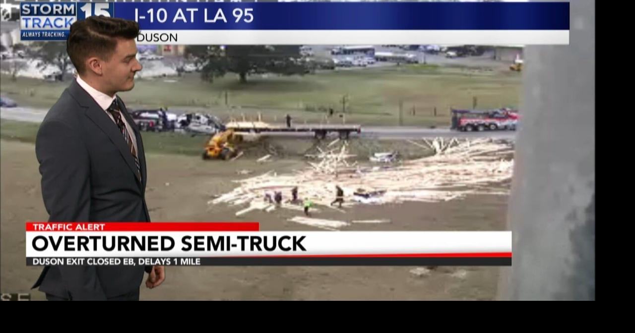 Overturned 18-wheeler blocks I-10 East exit ramp at Duson | Video ...