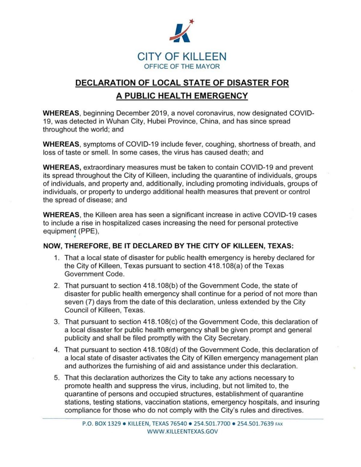 Local "state of disaster" declared by Killeen | Coronavirus | kdhnews.com