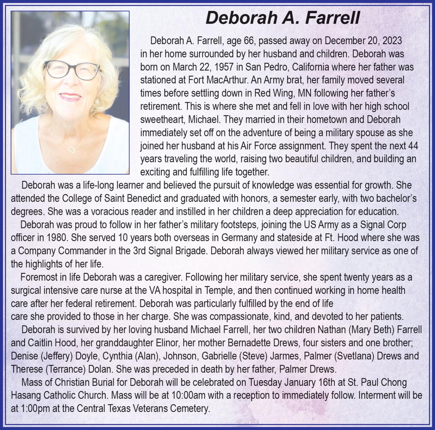 Deborah A. Farrell | Obituaries | kdhnews.com