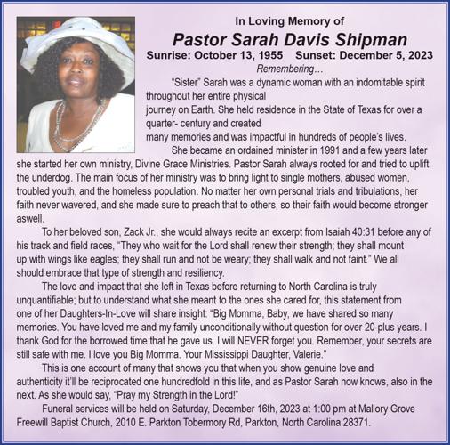 Pastor Sarah Davis Shipman | Obituaries | kdhnews.com