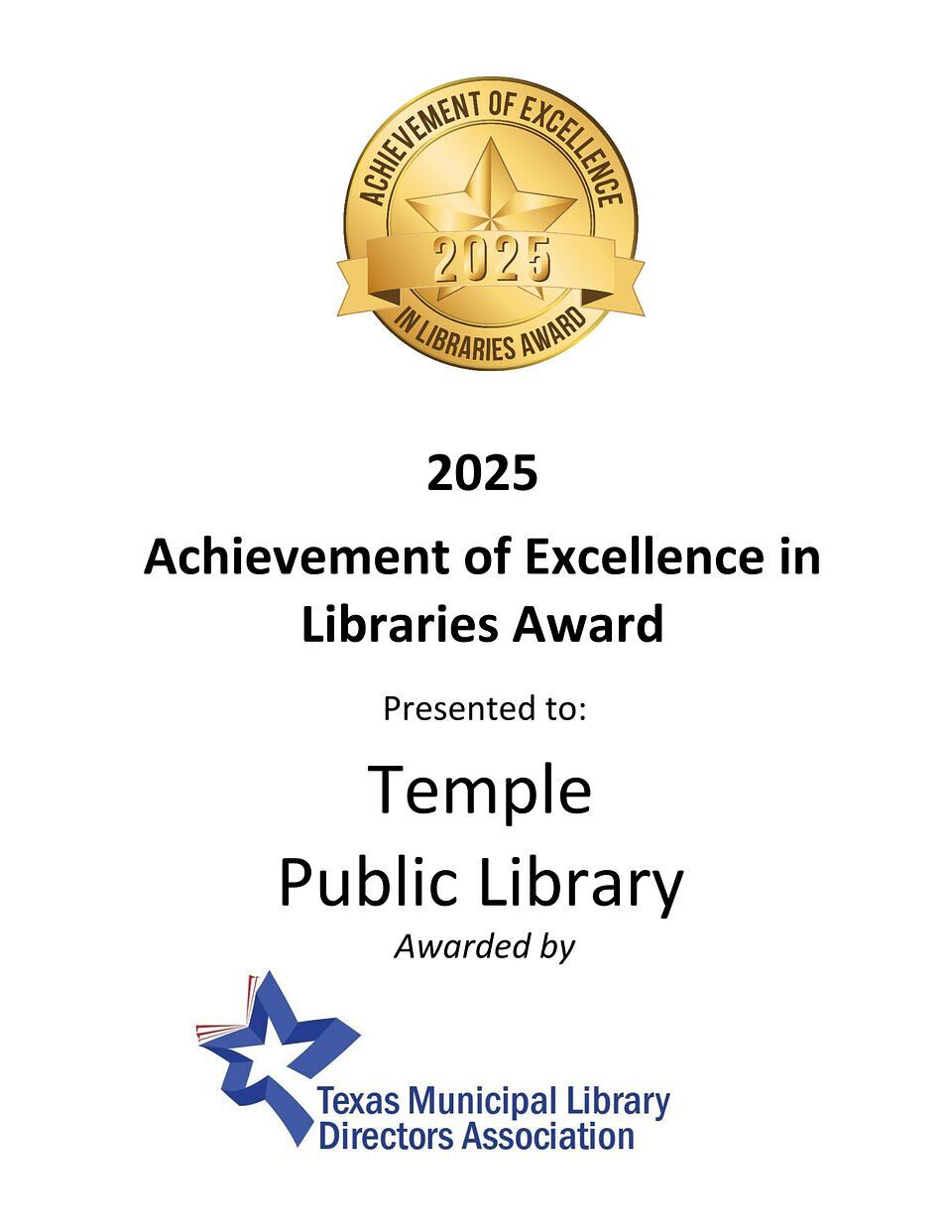 Temple Public Library earns Achievement of Excellence in Libraries ...