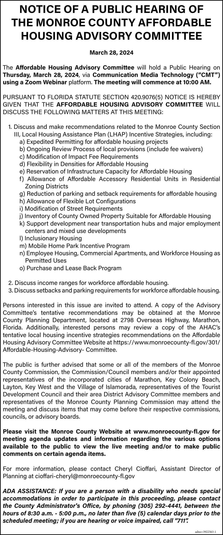 NOTICE OF A PUBLIC HEARING OF THE MONROE COUNTY AFFORDABLE HOUSING ADVISORY COMMITTEE | Public ...