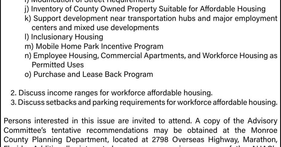 NOTICE OF A PUBLIC HEARING OF THE MONROE COUNTY AFFORDABLE HOUSING ADVISORY COMMITTEE | Public ...
