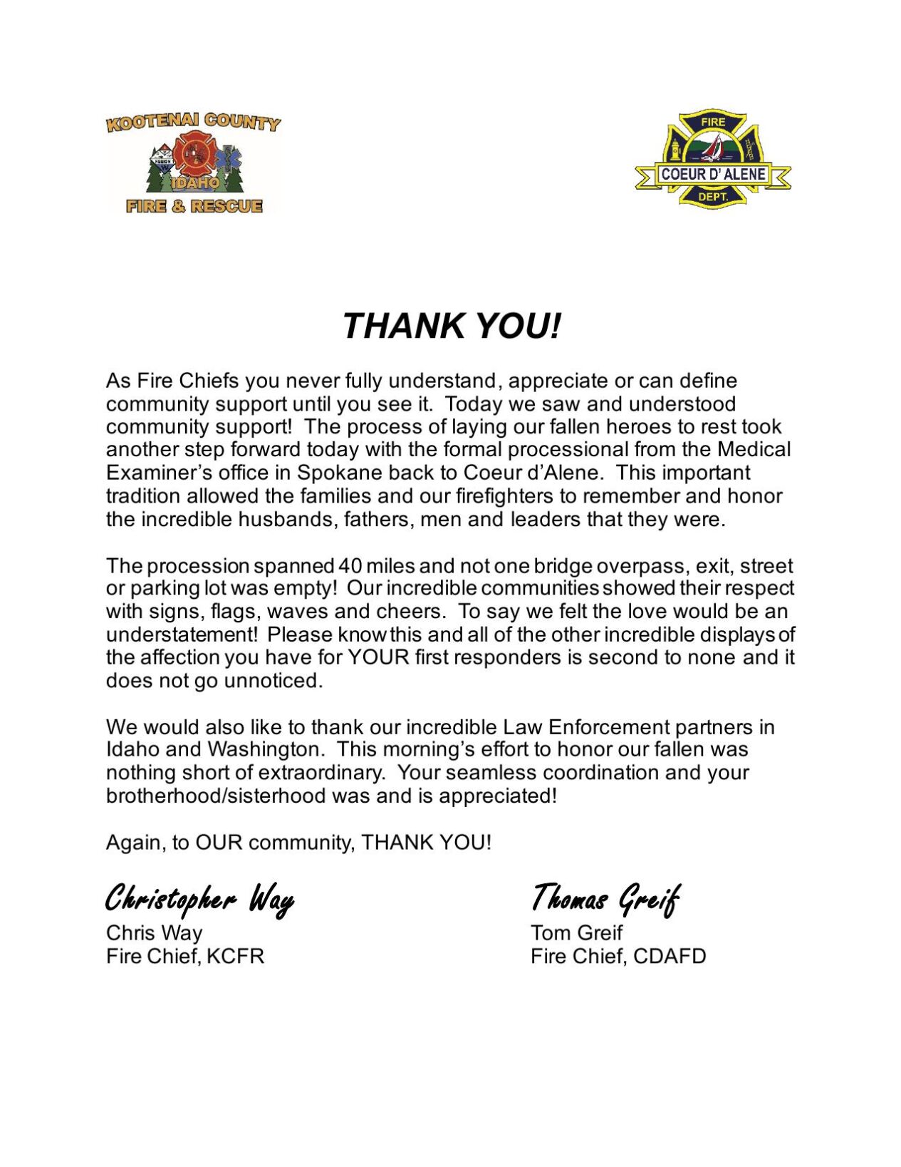 Public procession honors fallen Coeur d'Alene firefighters, KCFR ...