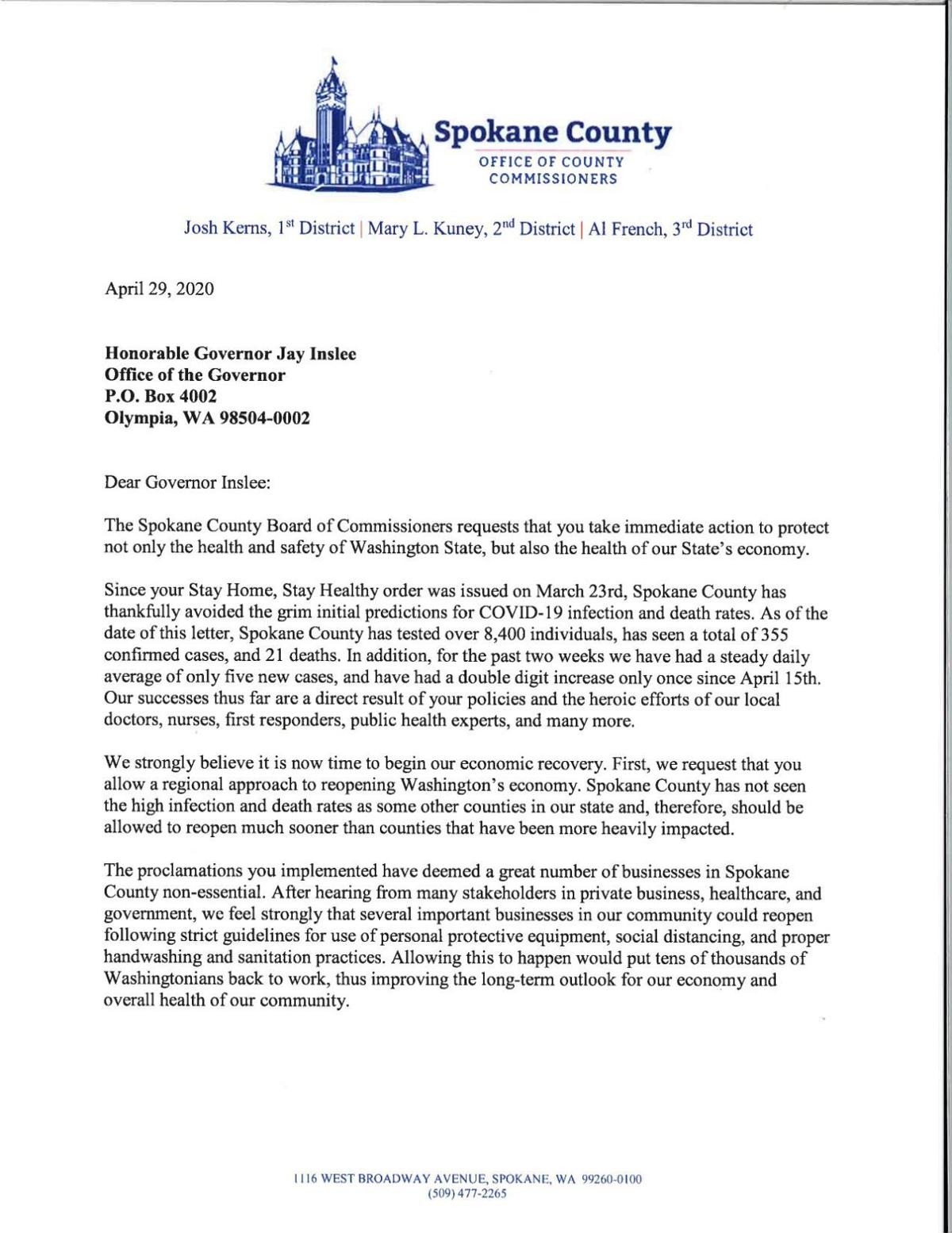Spokane County Commissioners asking Gov. Inslee to let some businesses ...