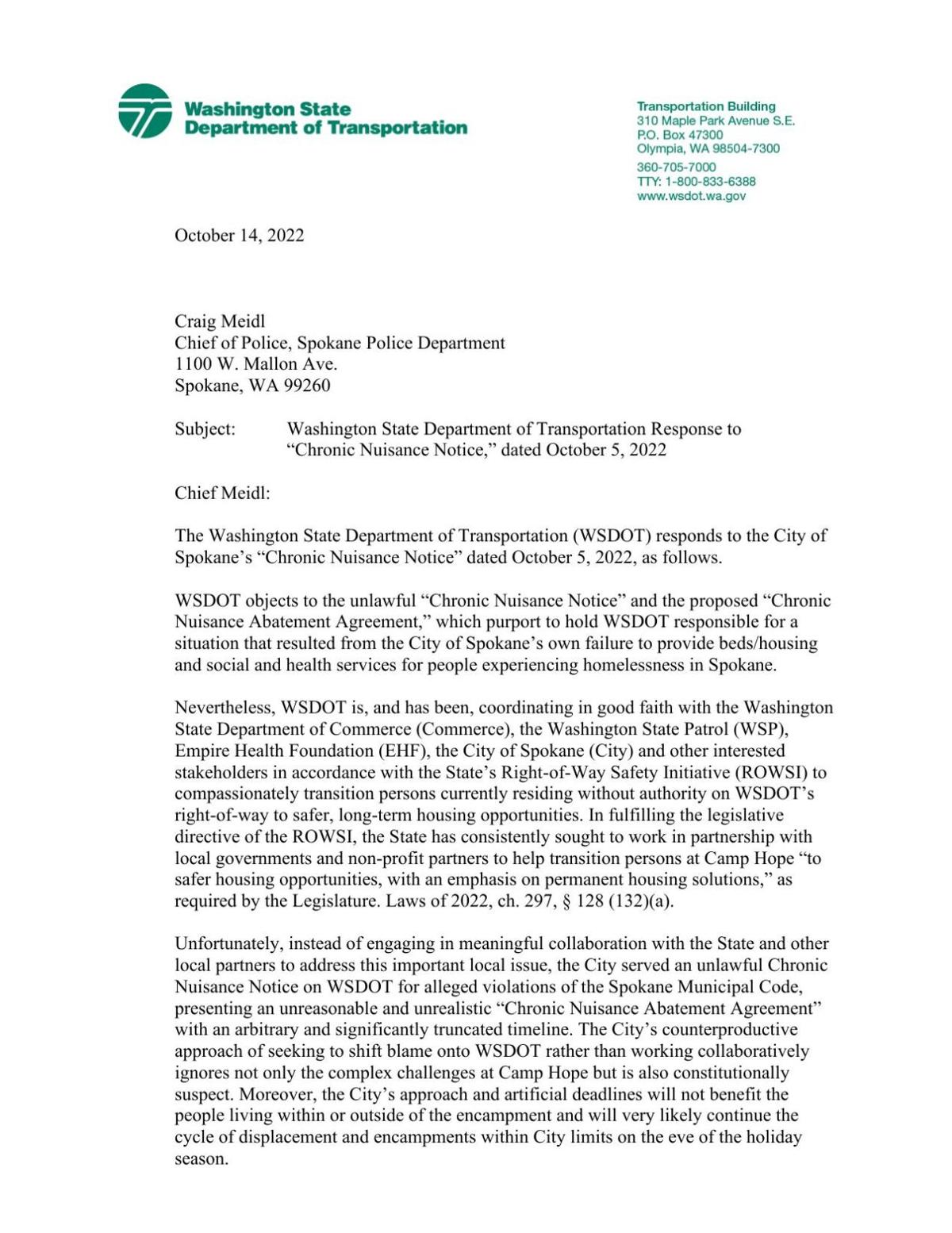 WSDOT 'objects to' City of Spokane chronic nuisance letter for Camp ...