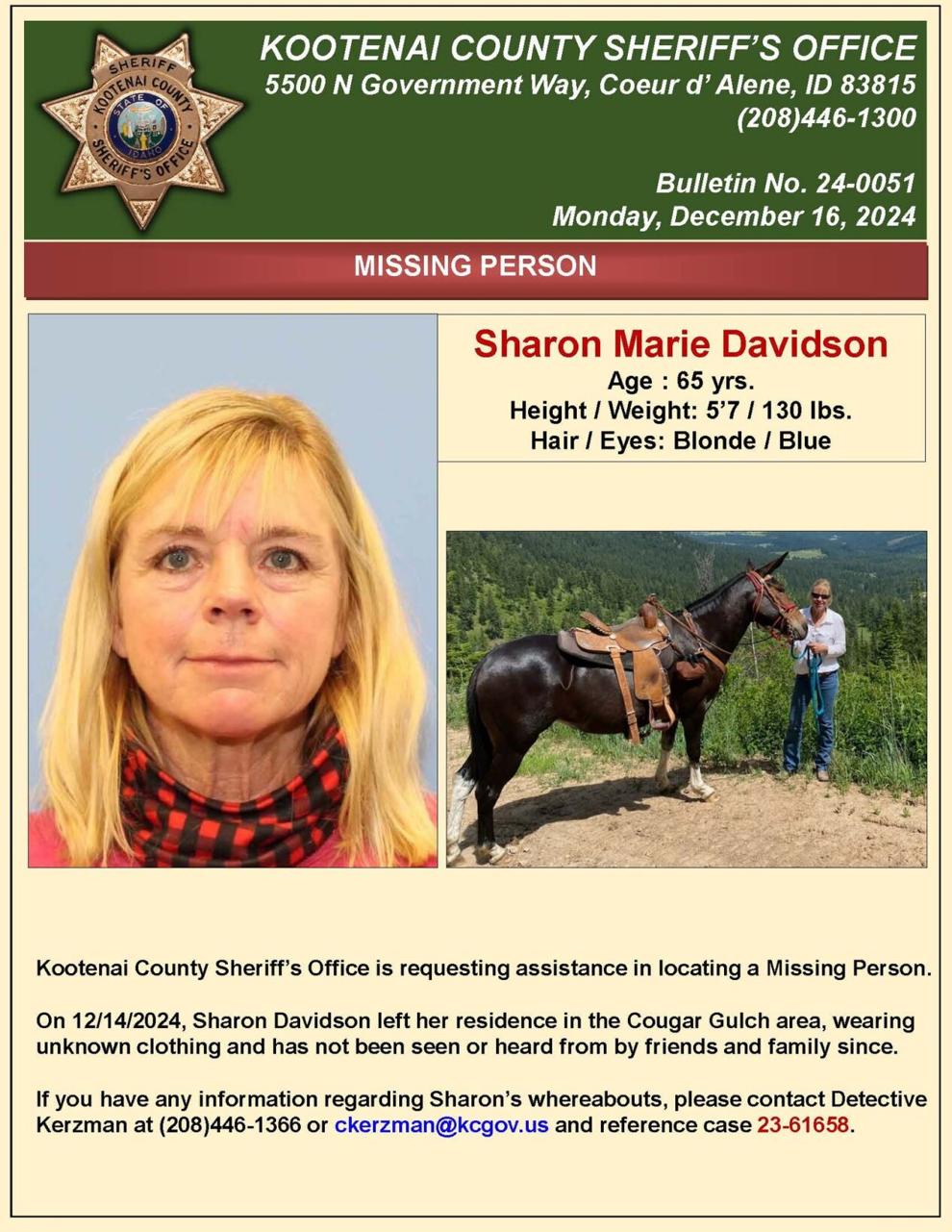 Missing 65-year-old woman from Cougar Gulch area sought by Kootenai County deputies | Spokane ...