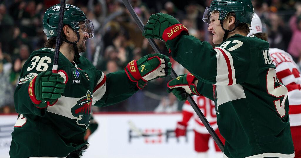 Kaprizov scores second goal of game in OT to lift Wild past Red Wings ...