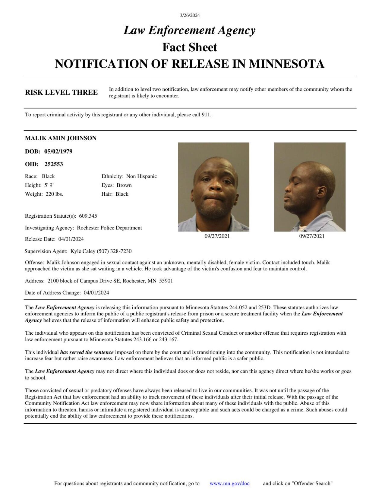 Level 3 predatory offender released in Rochester | Local | kimt.com