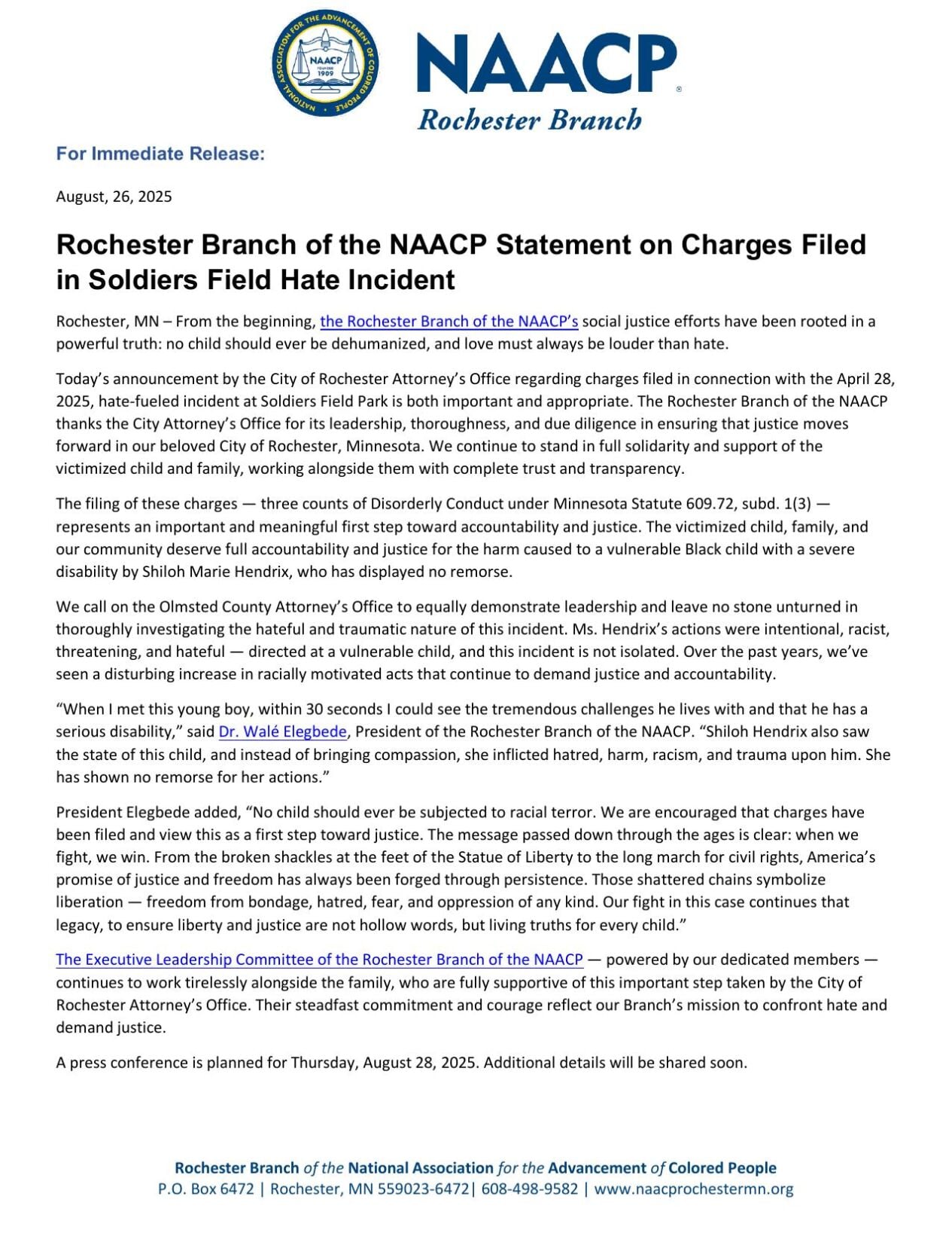 Rochester NAACP issues statement on filing of charges in Soldiers Field ...