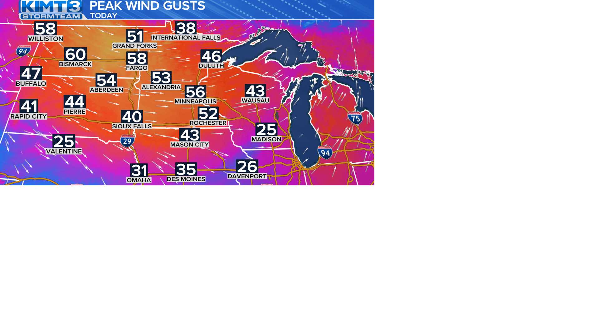 High wind gusts recorded across the Upper Midwest on Sunday | News | kimt.com