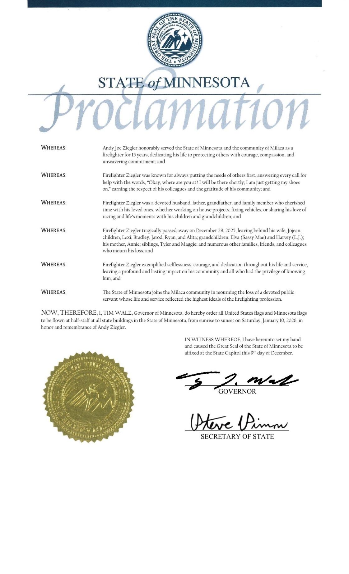 Governor Walz orders flags lowered to honor Milaca Firefighter Andy ...
