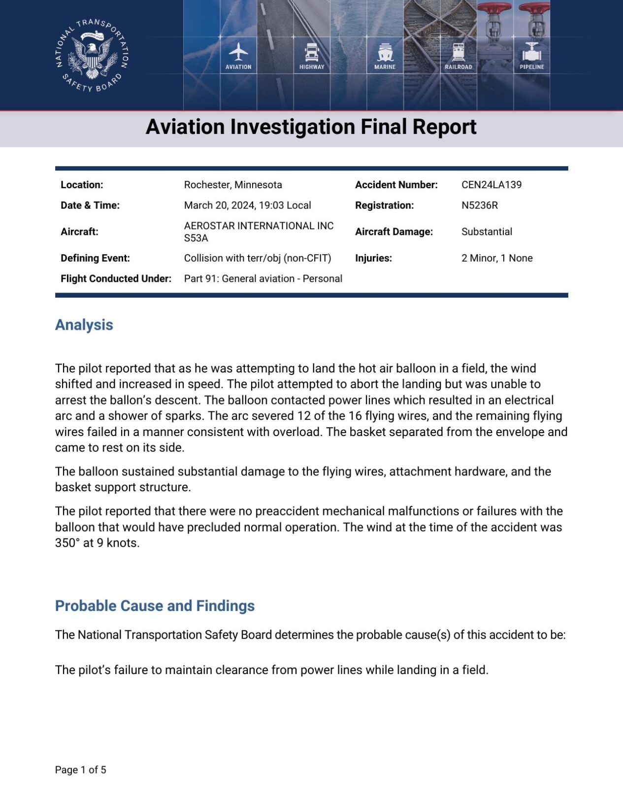 NTSB hot air balloon investigation complete | News | kimt.com