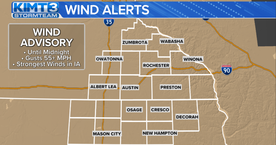 Wind Advisory in effect as gusts reach over 50 mph | News | kimt.com