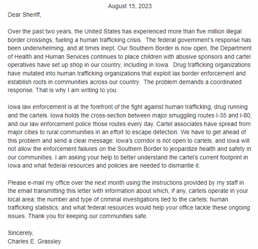 Chuck Grassley asks Iowa's county sheriffs to help fight drug and human ...