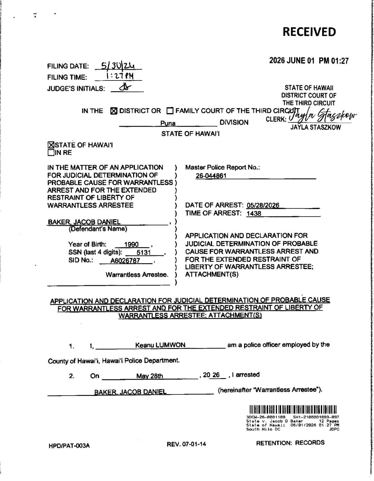 Jacob Baker JDPC Document | Crime & Courts | kitv.com