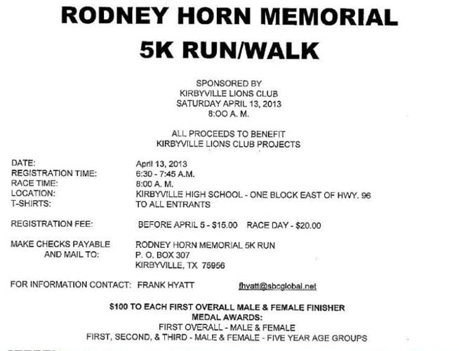 Rodney Horn Memorial 5K Run/Walk in Kirbyville on Sat, Apr 13th | Civic ...