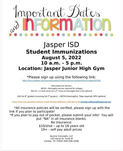 Jasper ISD Immunizations will be Fri, Aug 5th | School News | kjas.com