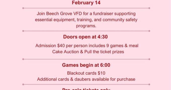Beech Grove VFD hosting Valentines Day Bingo on Sat, Feb 14th | Civic ...