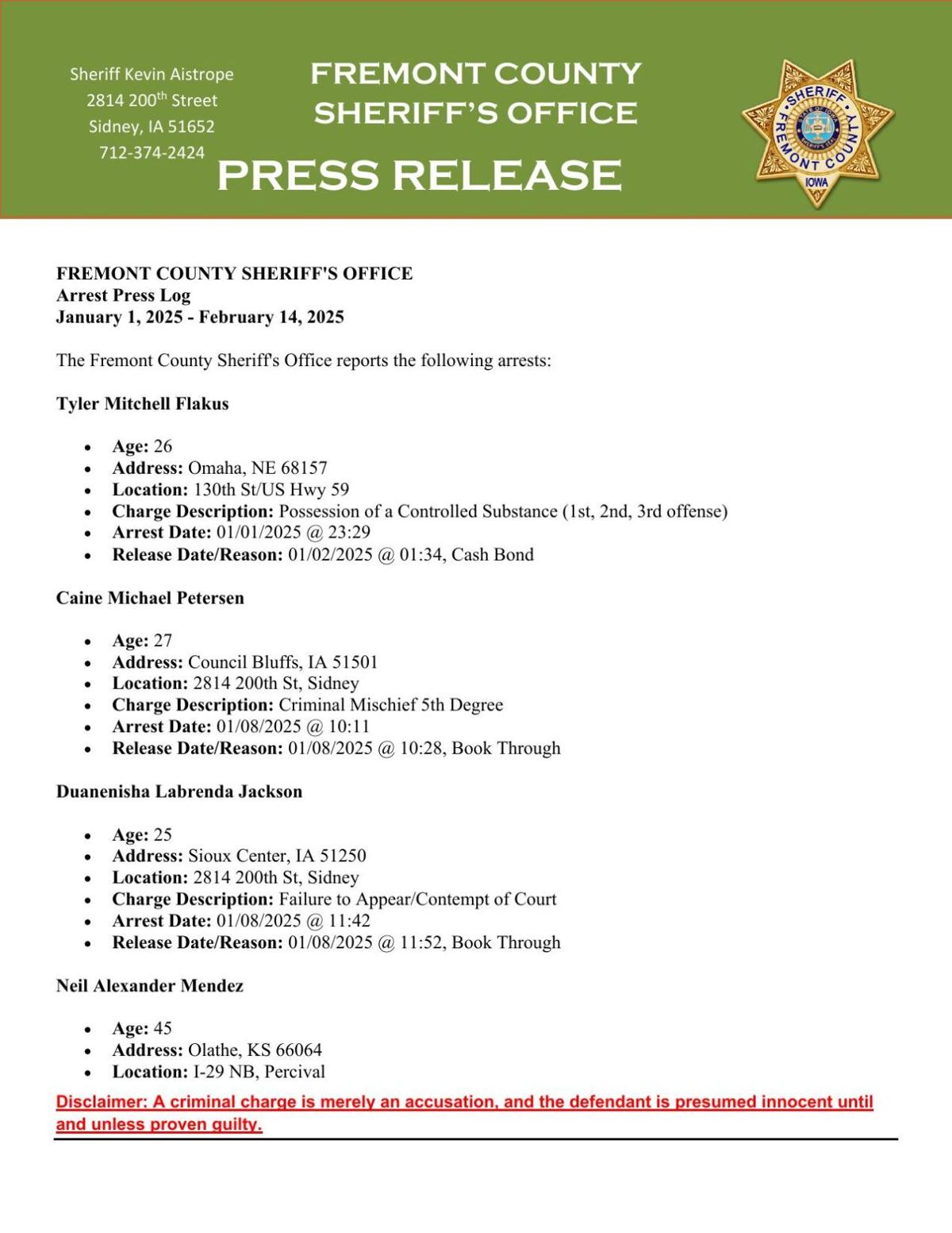 Fremont County Sheriff's Blotter | News | kmaland.com