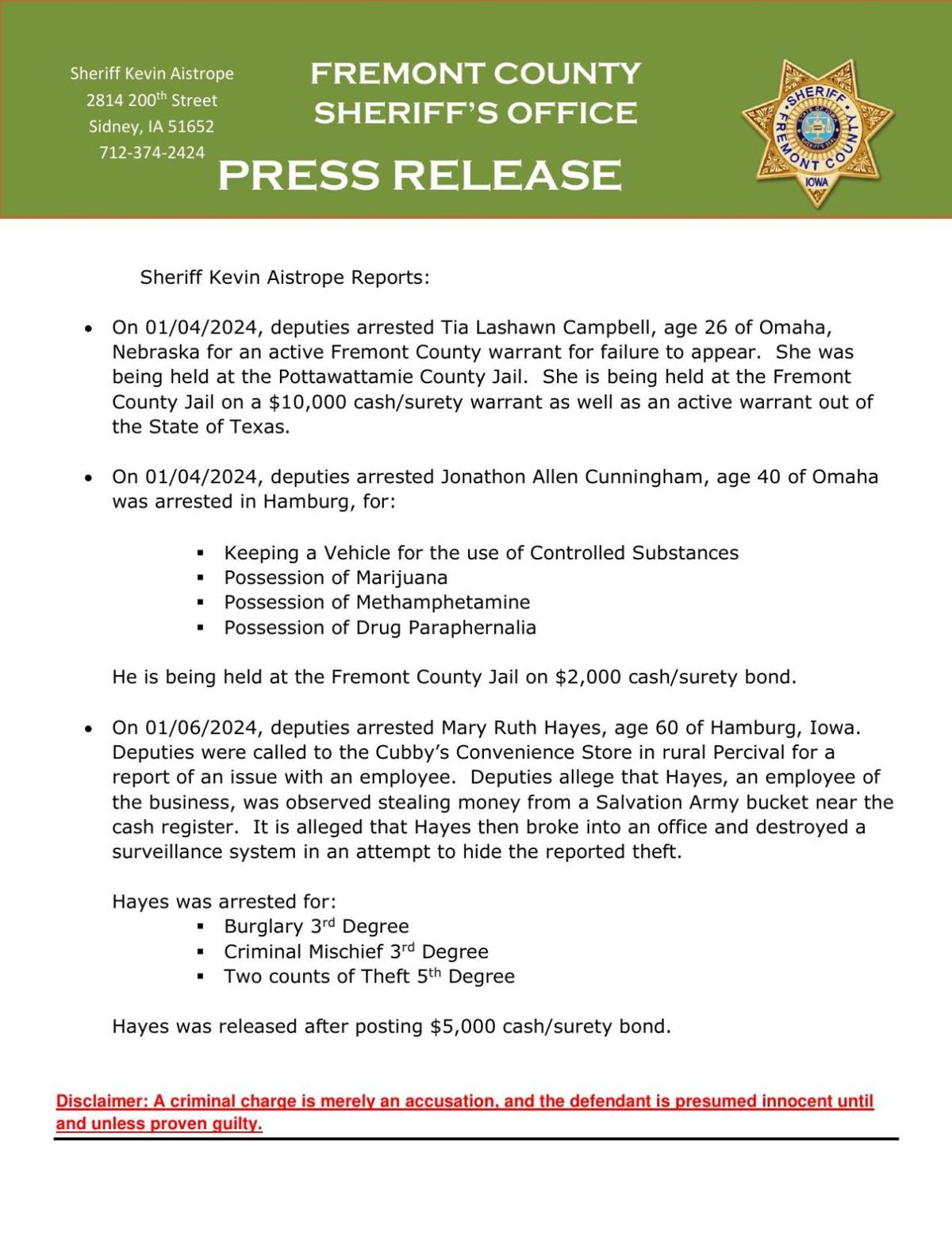 Fremont County Sheriff's Blotter | News | kmaland.com