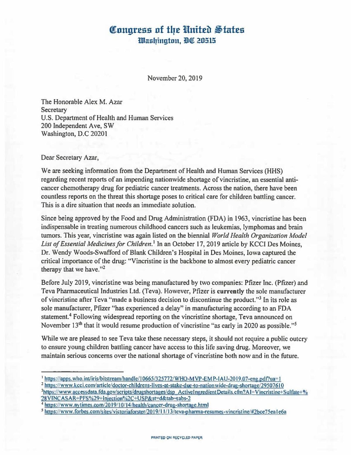 Axne questions HHS over pediatric chemo drug shortage | News | kmaland.com
