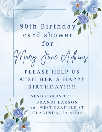 Card Shower for Mary Jane Adkins | Calendar | kmaland.com
