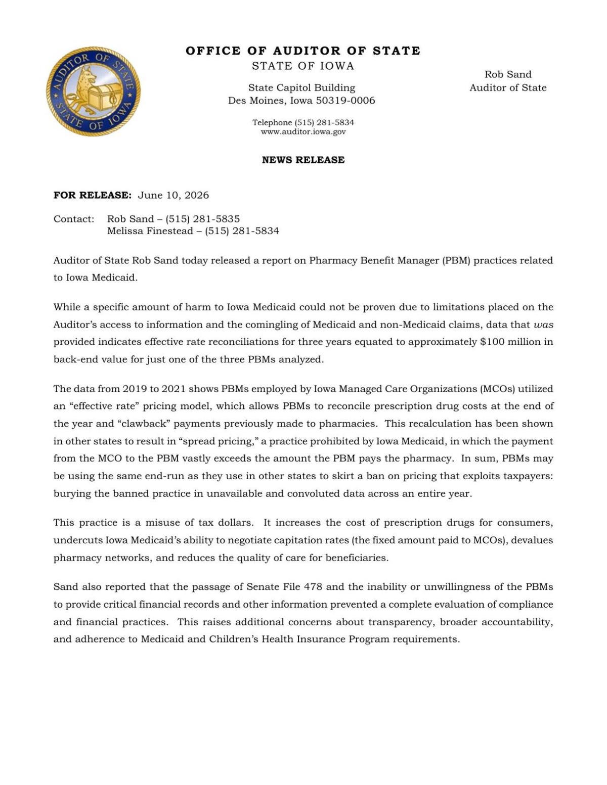 Sand issues investigative report on PBM practices in Iowa | News ...