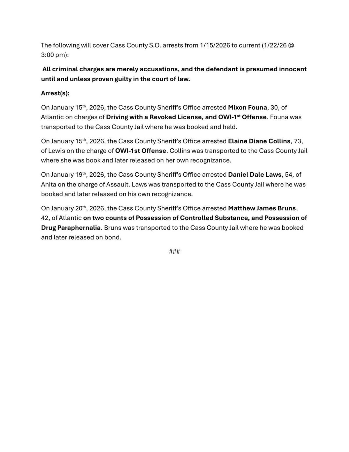 Cass County sheriff's blotter | News | kmaland.com