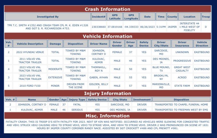 Sarcoxie woman killed, rear ended by semi in traffic approaching I-44 ...