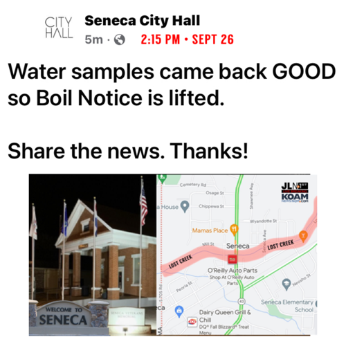 The City of Seneca issues boil notice | Joplin News First | koamnewsnow.com